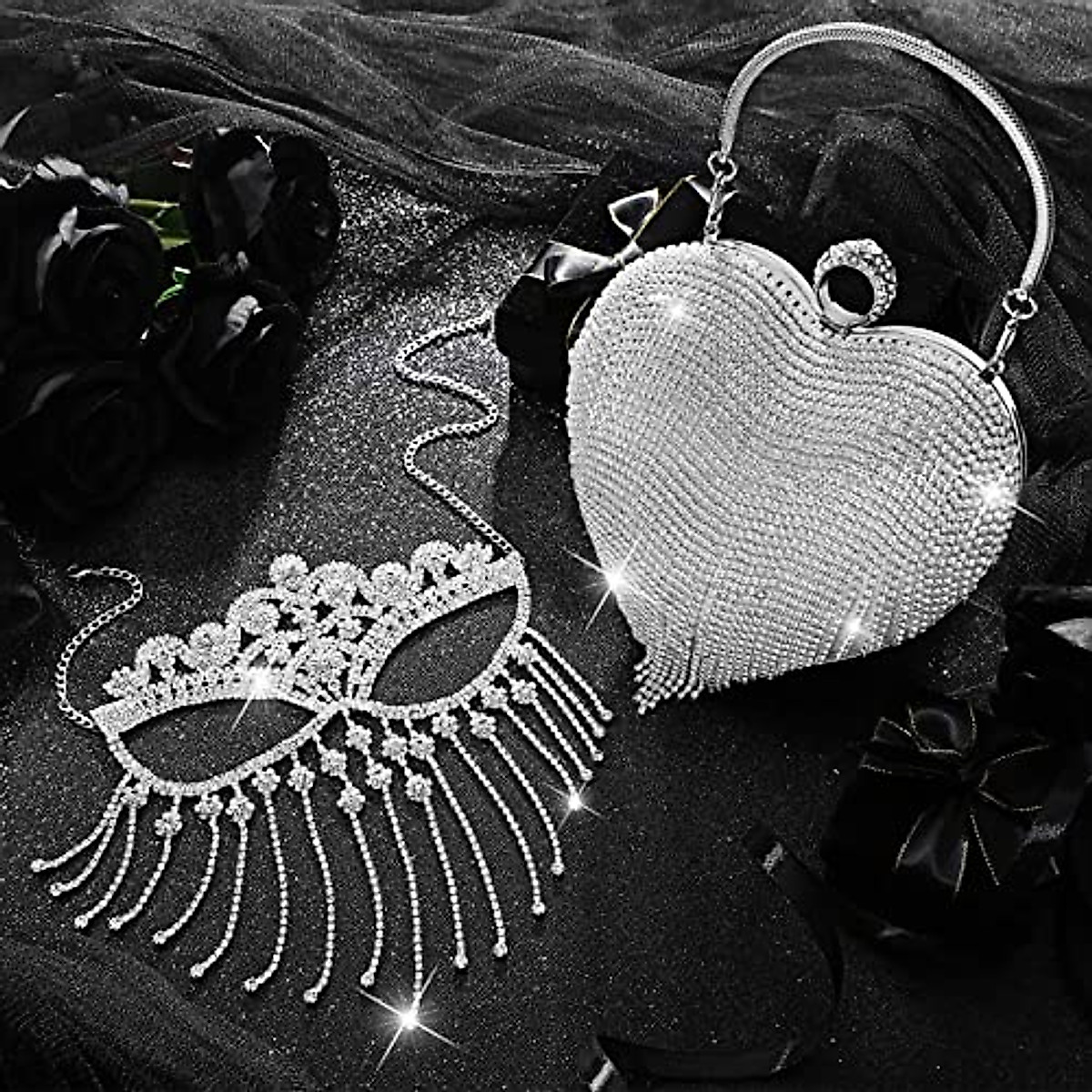 Amylove Heart Shape Tassel Evening Clutch Bag Silver Masquerade Tassel Mask Chain for Women Rhinestone Purse Face Jewelry for Wedding Party Cosplay