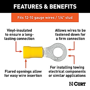 CURT 59534 12-10 Gauge Yellow Vinyl-Insulated Ring Terminal Wire Connectors, 1/4-Inch Stud, 100-Pack
