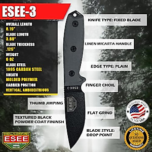 ESEE Knives Model 3P-B Fixed Blade Knife, Black Molded Polymer Sheath, Ambidextrous Belt Clip Plate