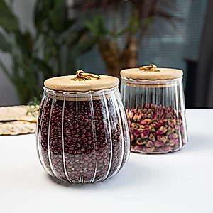 Viovian Glass Coffee Nuts Canister 750ml(25FL OZ) Glass Jars with Bamboo Lids Glass Candy Jars with Lids Petal Decorative Airtight Storage Container for Nuts Coffee Beans Cookies (Oval)