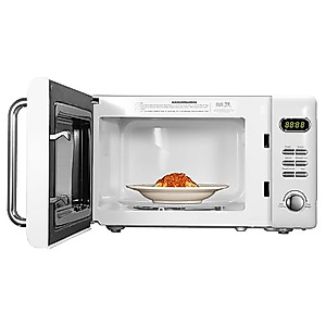 Emerson MWR7020W Compact Countertop Microwave Oven with Button Control, LED Display, 700W 5 Power Levels, 8 Auto Menus, Glass Turntable and Child Safe Lock, 0.7, Retro White
