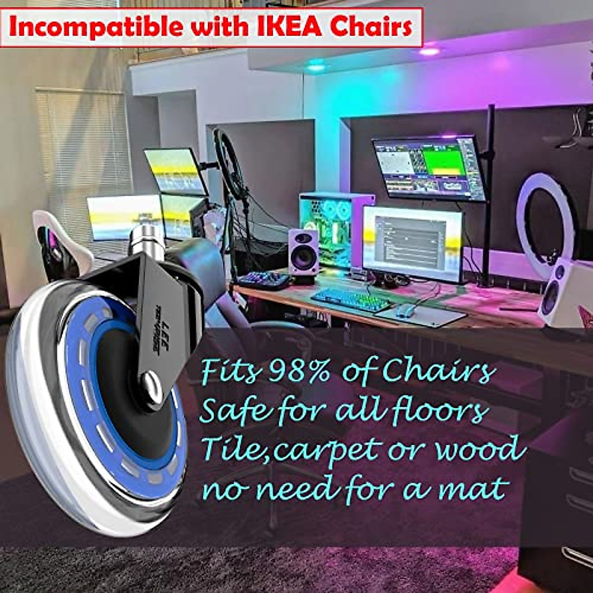 Office Chair Wheels for Wood Floors and Carpet Blue Replacement Wheels for Office Chair 3 Inch Chair Casters Set of 5 Heavy Duty Computer Gaming Desk Caster Wheels Noise Free Universal Fit