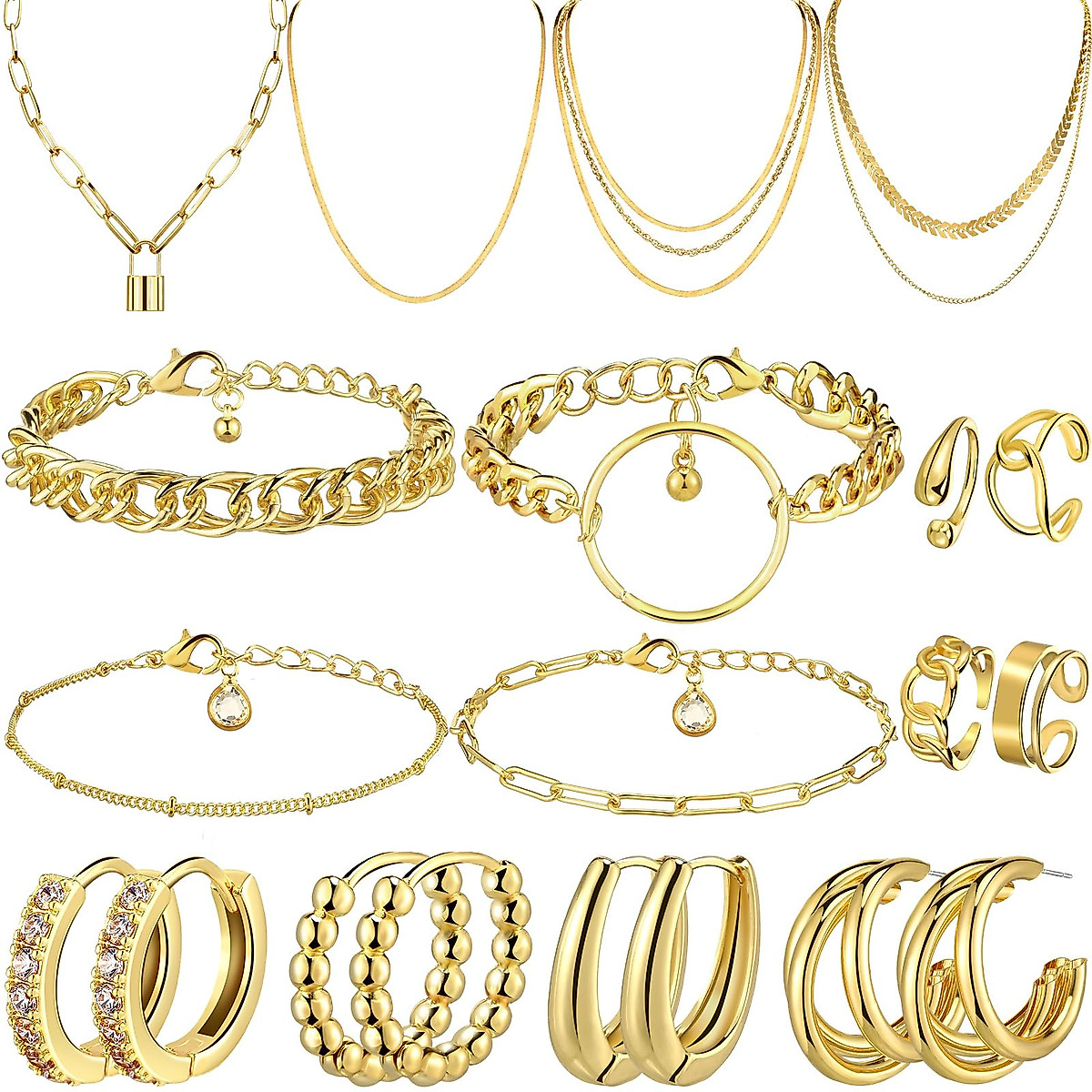 Henoyso 16 Pcs Gold Jewelry Set for Women Necklaces, Bracelets, Earrings, Knuckle Rings for Valentine's Birthday Wedding Parties Gifts(Stylish Style)
