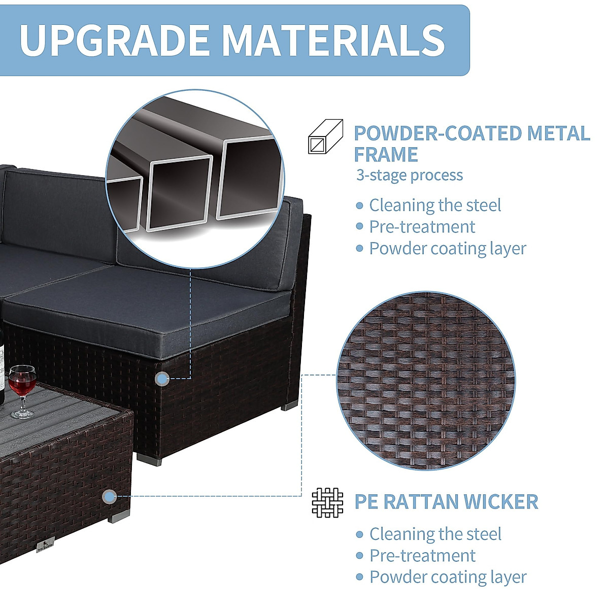 7 Piece Outdoor Patio Furniture Set with Cushions, PE Rattan Wicker Modular Outdoor Sectional L Shape Patio Conversation Sofa Set with Coffee Table, and Two Pillows (Dark Brown/Gray)