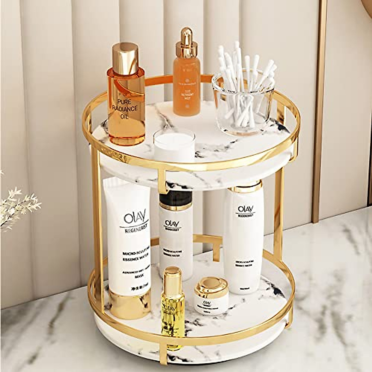 WINTENT Metal Rotating Makeup Organizer with makeup brush holder ,2 tier Lazy Susan Bathroom Organizer Countertop Gold (2 Tier)