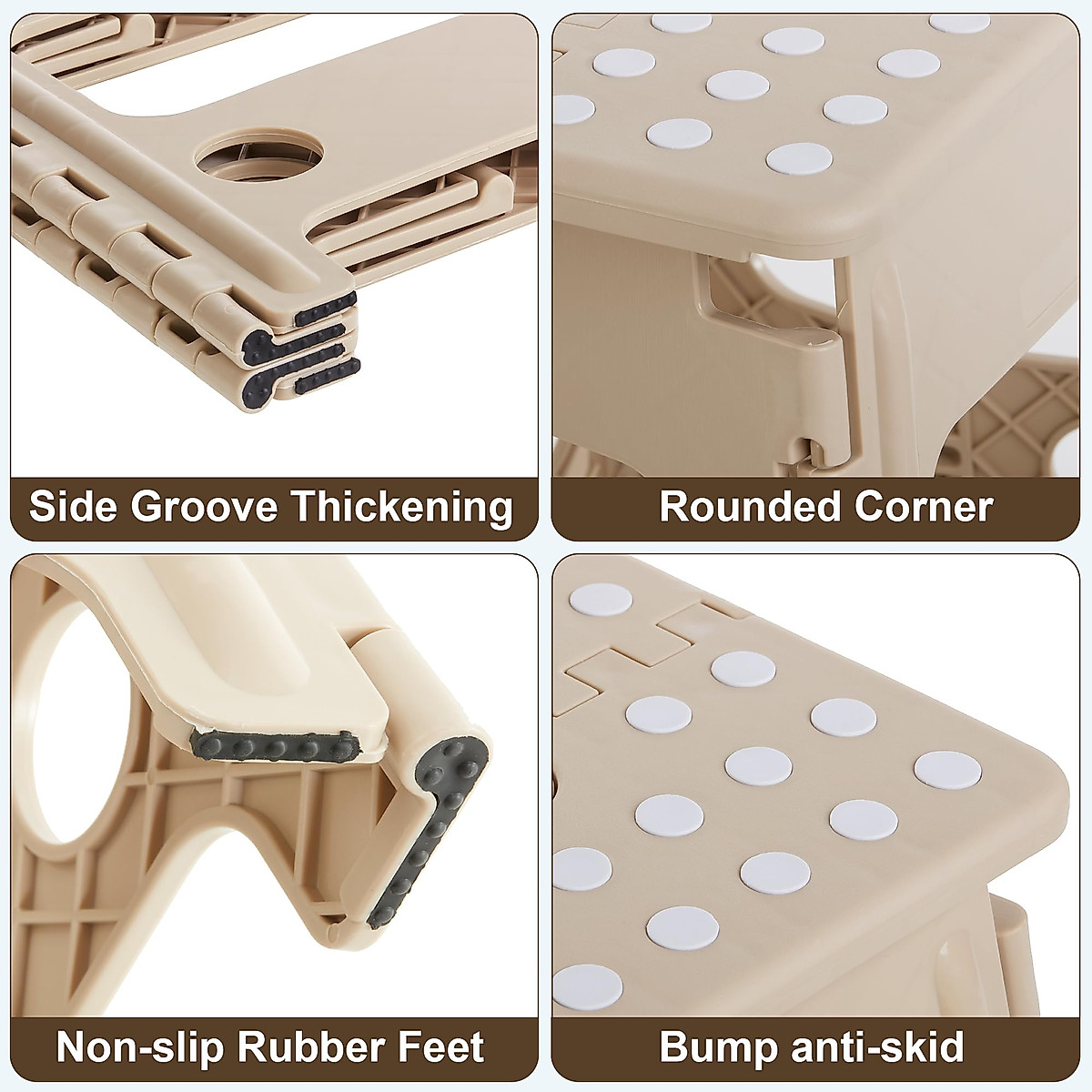 VECELO Folding Step Stool 13 Inch, Non-Slip Surface Portabl Foldable 1 Step Stool with Carry Handle, Heavy Duty to Support Kids/Toddler/Adults for Living Room Kitchen, Bathroom, Khaki