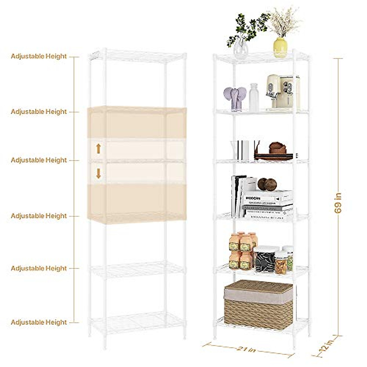 NATRKE 6-Tier Storage Shelf Wire Shelving Unit, Adjustable Heavy Duty Storage Shelves for Kitchen Organization, with Leveling Feet, White (21.26 Lx12 Wx69 H)