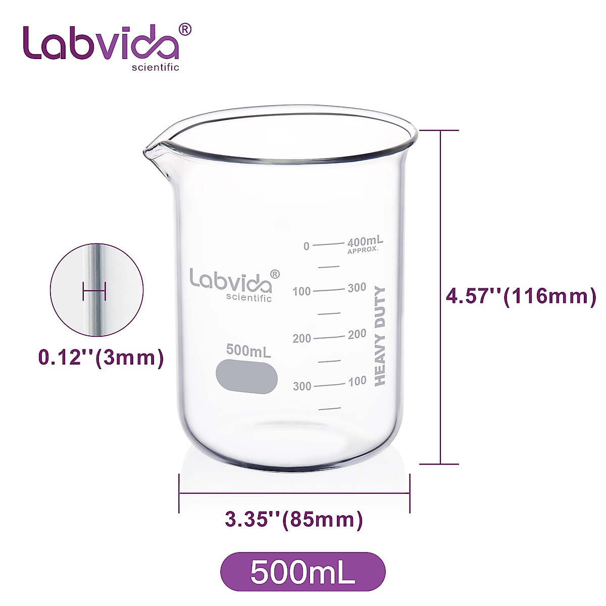 Labvida 4pcs 500ml Upgrated Thick Glass Beakers, Griffin Low Form Beaker Set with Double Scale, 3.3 Boro, LVA012