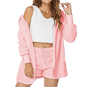 A ADILACA Women's Warm Fuzzy Fleece 3 Piece Outfit Pajamas, Fuzzy 3 Piece Pajama Set, Solid Cozy Hooded Coat Jacket Outwear and Sleeveless Tank Top Shorts Set (Light Pink, XL)