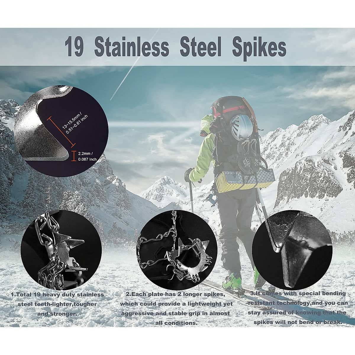 Crampons Ice Cleats for Snow Boots and Shoes Traction Grips Women Men Anti Slip 19 Stainless Steel Spikes Safe Protect for Hiking Fishing Walking Climbing Mountaineering Jogging Black L