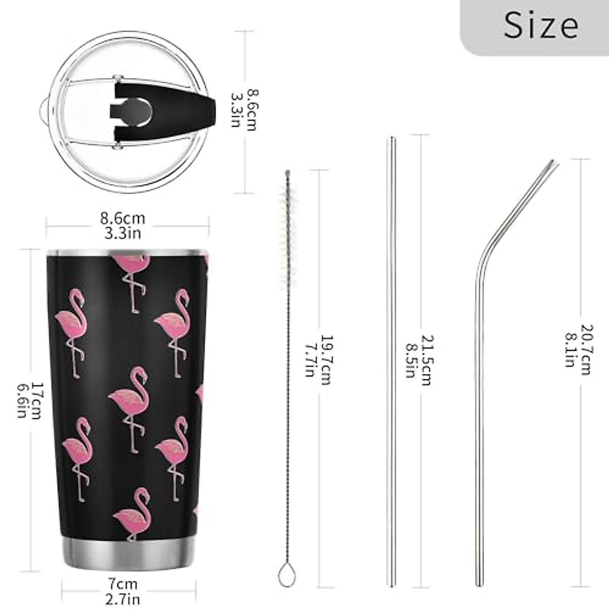 Lovely Flamingos Black Coffee Tumbler Cups Stainless Steel Tumbler with Lid and Straw Water Cup Insulated Tumblers Travel Coffee Mug Bottle for Ice Cold Hot Drink Outdoor Men Women