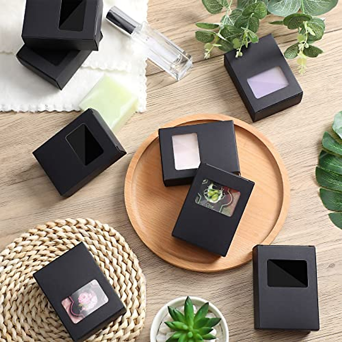 30 Pieces Soap Packaging Boxes Paper Soap Box Kraft Soap Box with Window Rectangle Window Gift Box for Homemade Soap Making Supplies Party Favor Treats Wrapping Packaging, 3.5 x 2.6 x 1.2 Inch (Black)