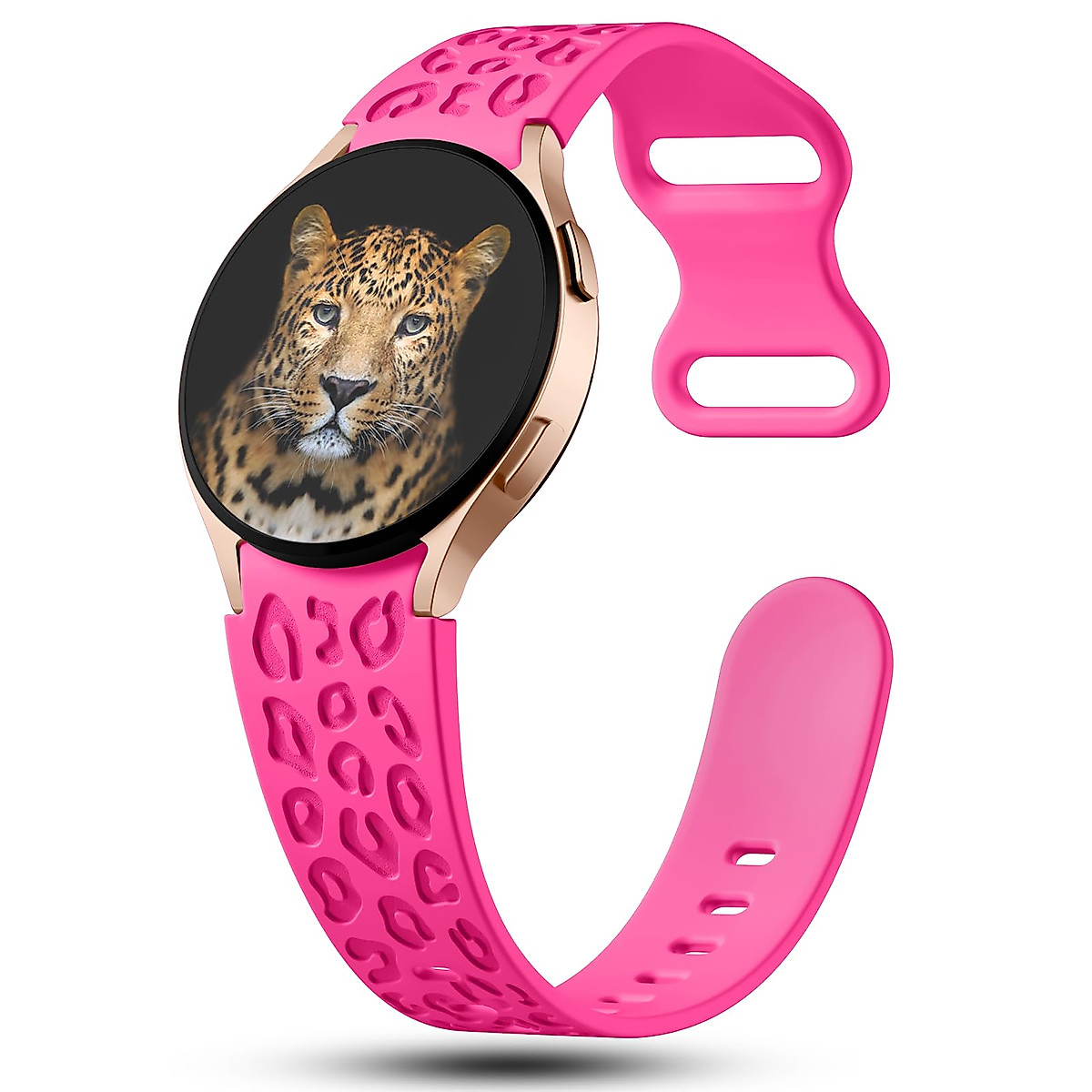 IKANFI No Gap Leopard Engraved Bands Compatible for Samsung Galaxy Watch 6/5/4 Band 40mm 44mm,Watch 6 47mm 43mm,5 Pro 45mm,Watch 4 Classic 42mm 46mm,20mm Soft Silicone Replace Strap Women-Hot Pink
