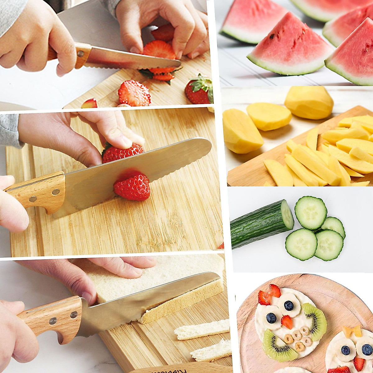 Kibbidea Kids Knife Set for Real Cooking, 4pcs Toddler Safe Kitchen Cutting Knives, Stainless Steel Blades, Children First Starter knife, BPA-free (Silver)