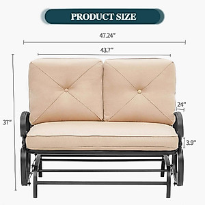 SOLAURA Patio Loveseat Outdoor Glider Swing Chair Patio Seating Dark Brown Wrought Iron Frame Lawn Chair with Thick Bench Cushions, Brown