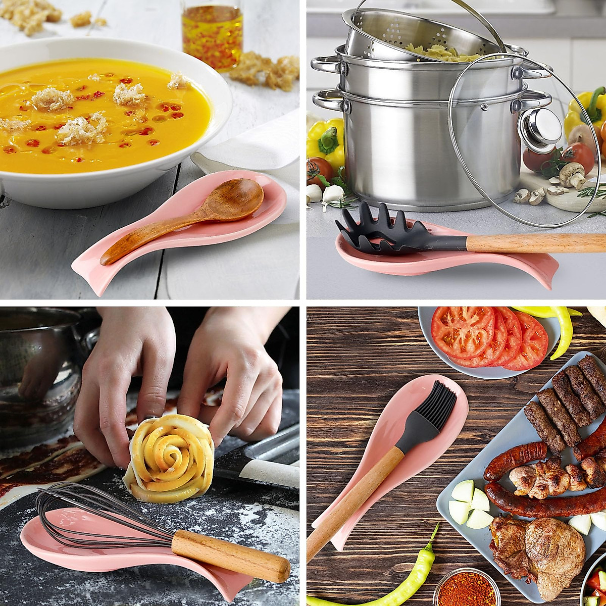 Hasense Spoon Rest for Stove Top, Large Ceramic Spoon Holder for Kitchen Counter, Cooking Utensil Rest for Spatula Ladle Spoon and Tong, Kitchen Spoon Rest for Home and Coffee Bar Accessories, Pink