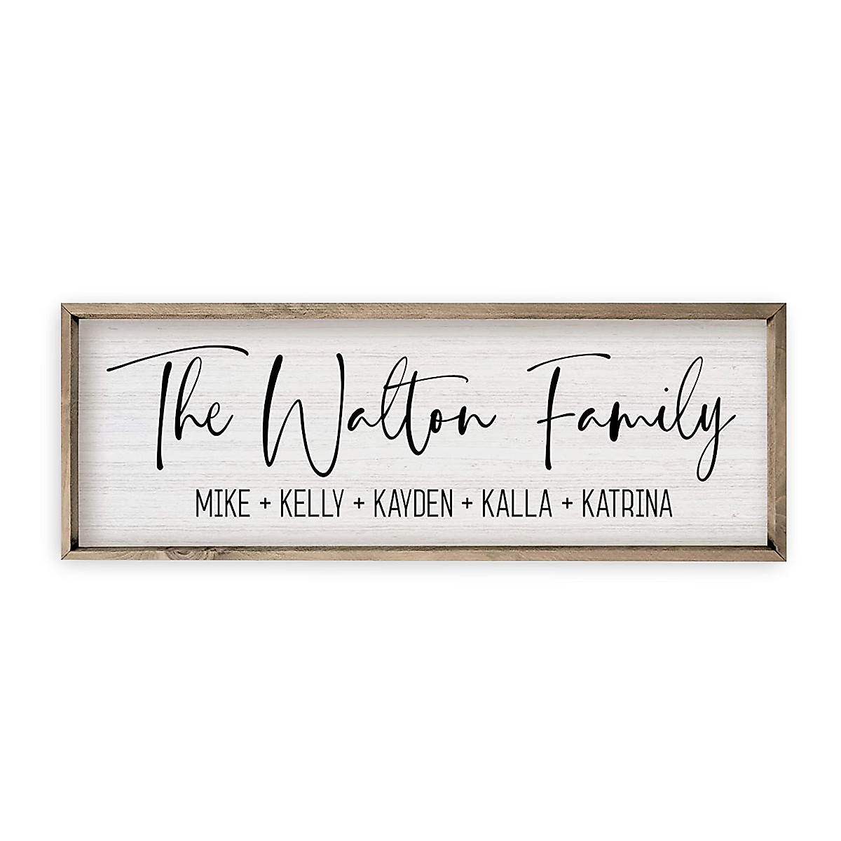 Personalized Framed Wooden Family Name Sign (6" x 18", Weathered Grey Frame, White Background)
