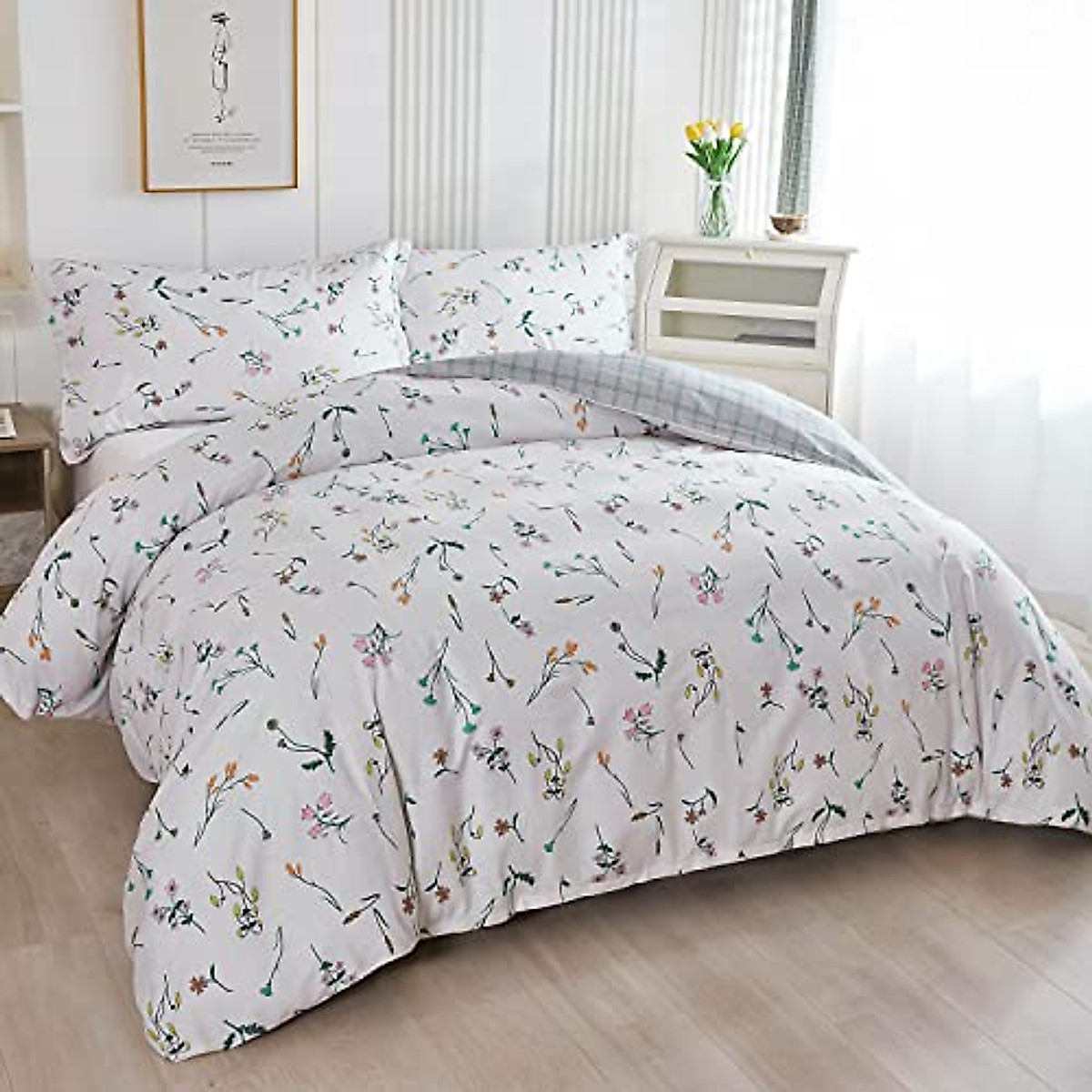 OAITE Duvet Cover Set,100% Cotton Comforter Cover with Floral Pattern Duvet Cover Set,Soft Bedding Set Includes with 3 Piece (2 Pillow Shams,1 Duvet Cover)