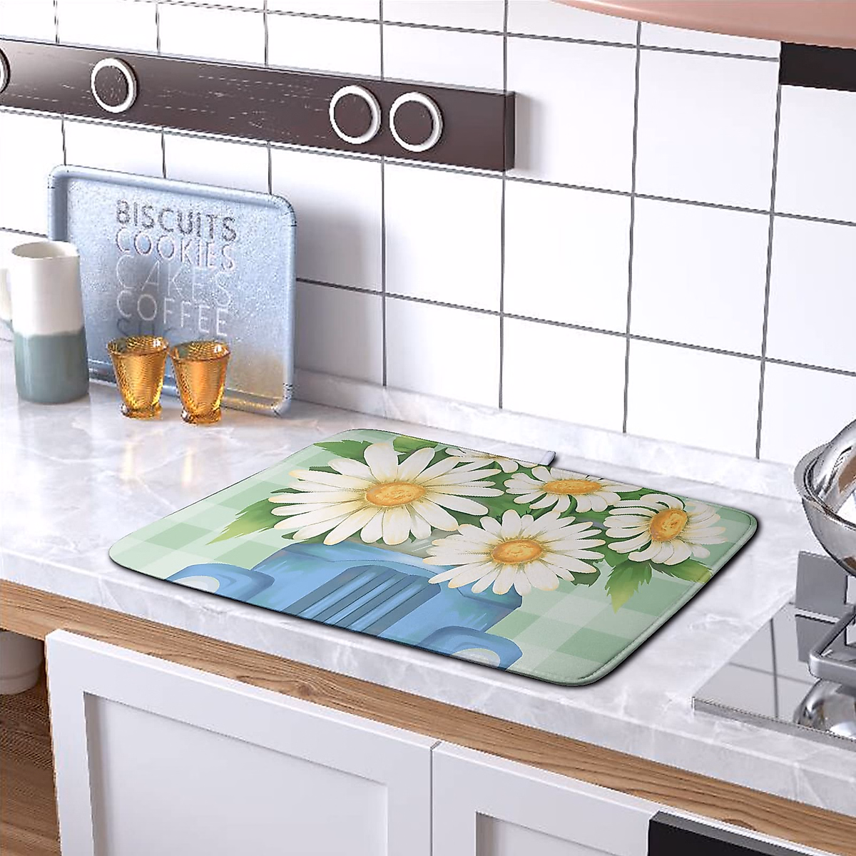 Kwlegh Daisy Dish Drying Mat for Kitchen Counter White Flowers Dish Mat Blue Truck Dish Mat Drying Kitchen Mat Reversible Microfiber Absorbent Coffee Bar Mat for Sinks Dining Table 16x18 Inch
