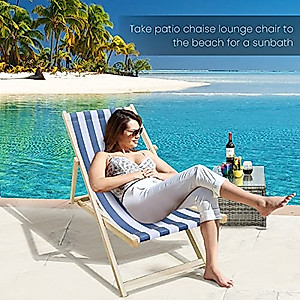 Recaceik Outdoor Patio Sling Chair Portable Folding Lounge Reclining with Stripes Adjustable Lawn Seat for Garden, Swimming Pool and Beach, Populus Wood