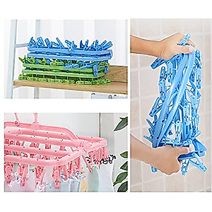 Radefasun Clip and Drip Hanger with 32 Clips Plastic Swivel Hook Portable Folding Drying Rack Baby Clothes Hanger Foldable Travel Accessories for Socks Bras Lingerie Towels Underwear Gloves Blue