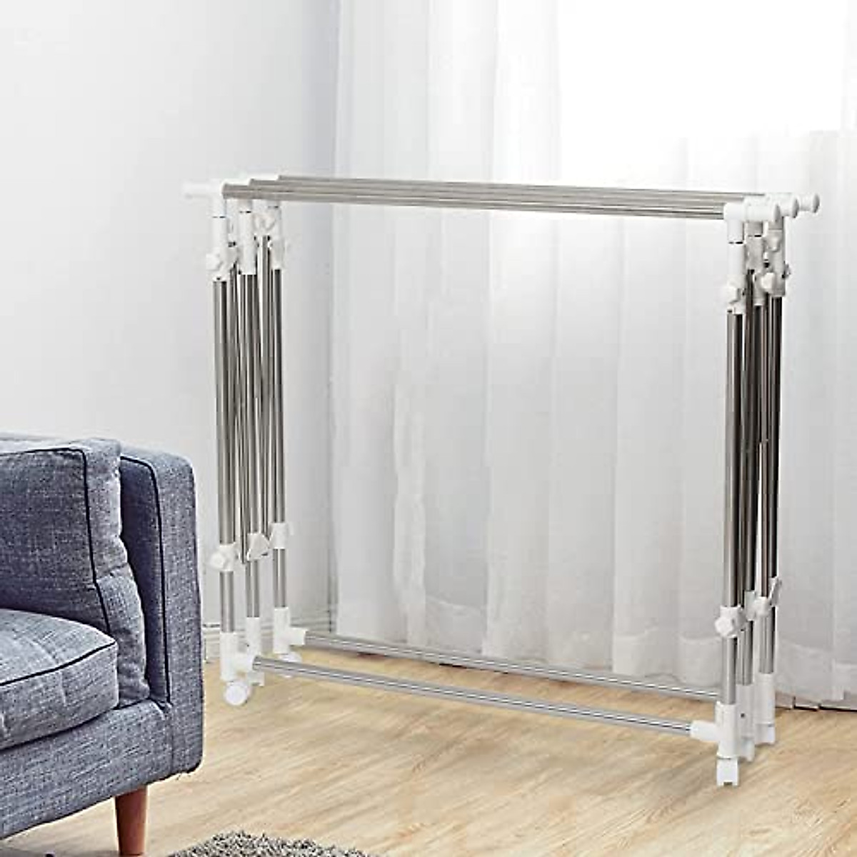 Todeco Clothes Drying Rack, Foldable Stainless Steel Laundry Drying Hanger Rack on Wheels for Laundry with Extendable Rods and Hanging Rail for Indoor Outdoor