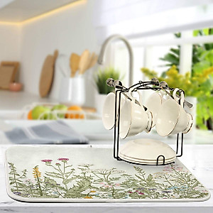 Baofu Herbs And Wild Flowers Dish Drying Mat for Kitchen Counter, Ultra Absorbent Reversible Microfiber Dishes Drying Rack Pad Heat-resistant Mats 16x18in