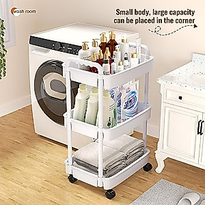 3 Tier Rolling Cart, Plastic Storage Cart, Multi-Functional Utility Cart Kitchen Storage Organizer,Mobile Shelving Unit Cart with Lockable Wheels for Bathroom,Laundry,Living Room,White