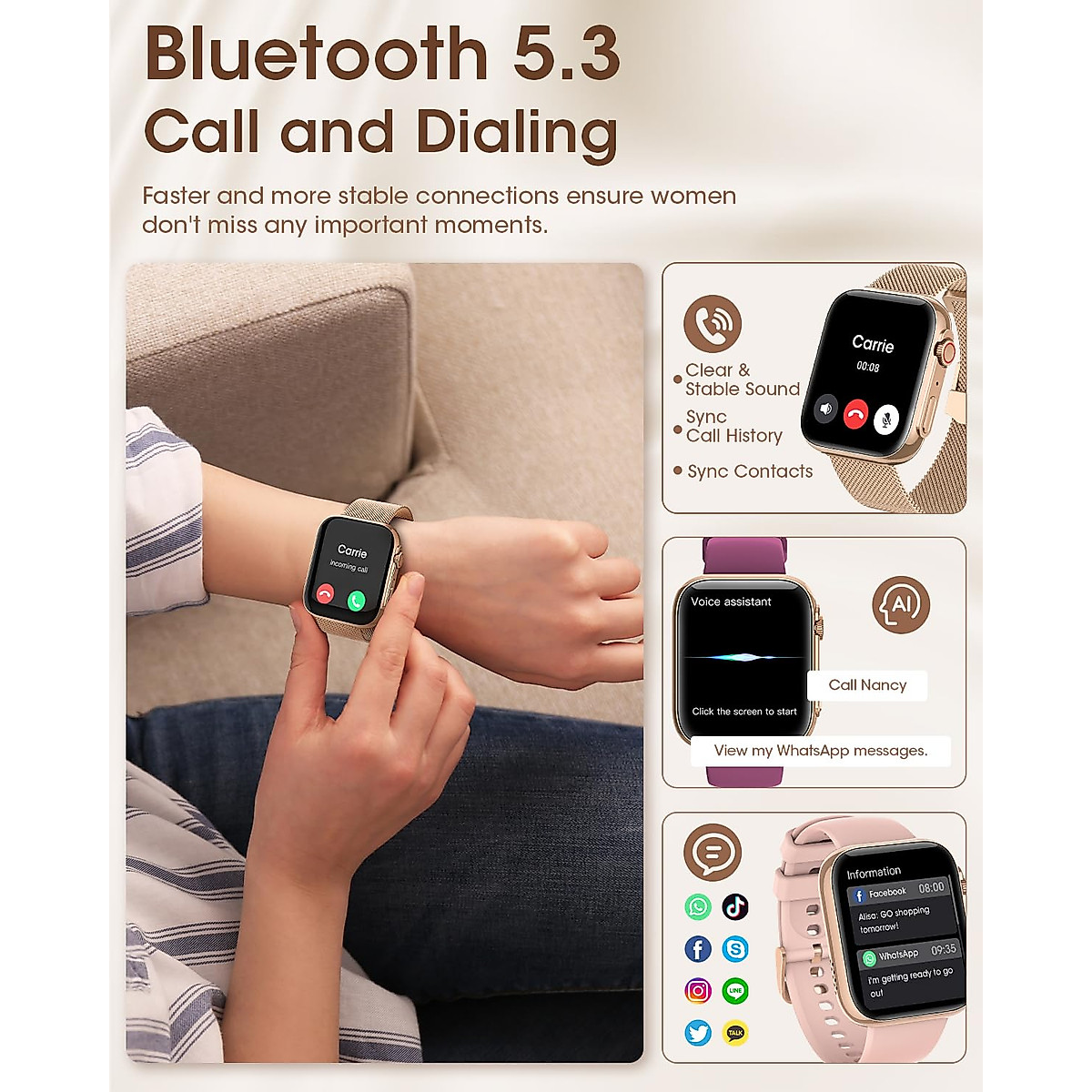 Smart Watches for Women, 1.91" HD Fitness Tracker Watch with Blood Pressure/Heart Rate Monitor, Bluetooth 5.3 Make Calls Smart Watch for Android/iOS Phones, IP68 Waterproof Fitness Watch for Women