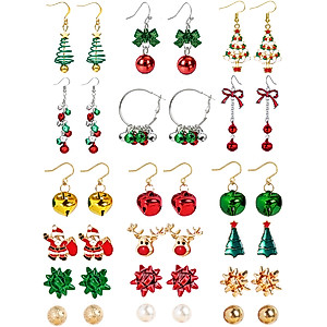18 Pairs Christmas Earrings Bulk Cute Christmas Jingle Bell Santa Claus Pearl Tree Bow Earrings Xmas Jewelry Dangle Earrings Set for Women