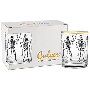 Culver 22k Gold Rim Dancing Skeletons DOF Double Old-Fashioned Glasses, 13.5-Ounce, Gift Boxed Set of 2