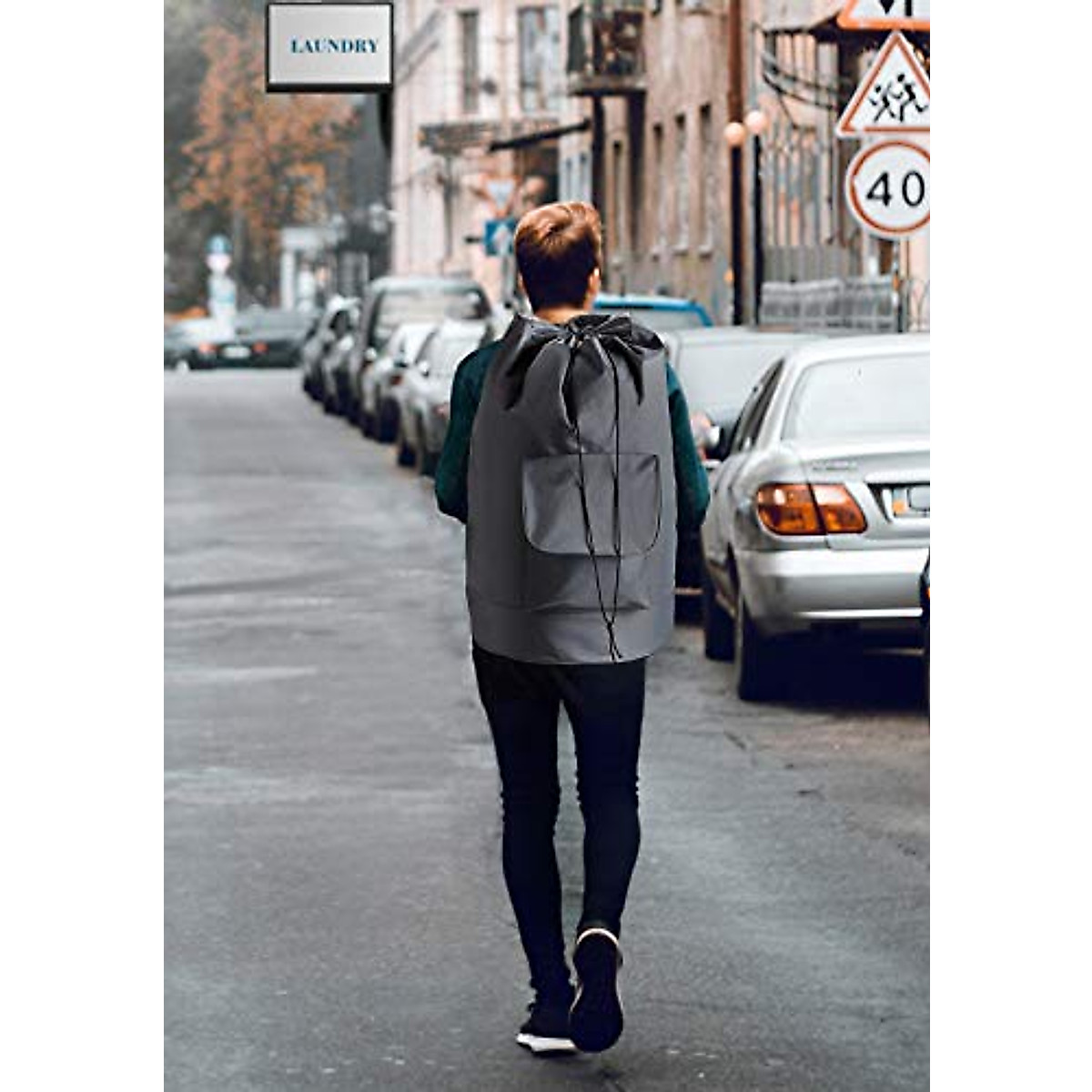 YOUDENOVA Backpack Laundry Bag with Padded Adjustable Shoulder Strap and Pocket for College Dorm, Durable Oxford Backpack Hamper Bag with Drawstring Closure for Travel, Camping, XL