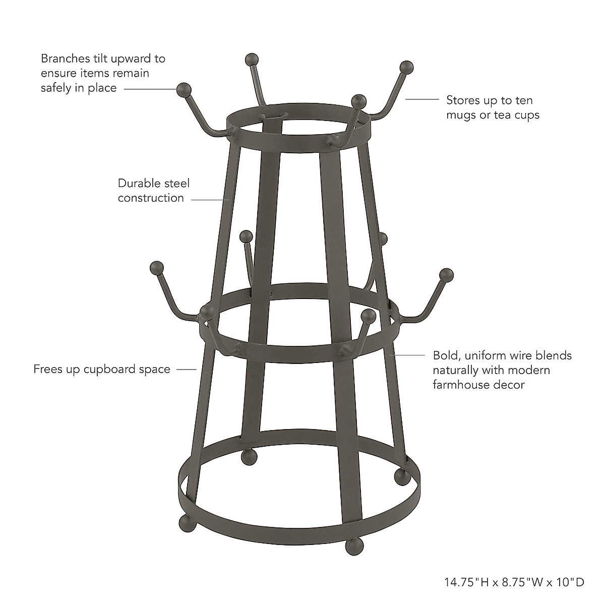 Spectrum Diversified Stripe 10 Holder Bold Countertop Tree, Mug & Teacup Rack Bar & Kitchen, Coffee Corner Cup Storage, Industrial Gray