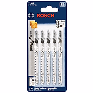 Bosch T101D 5-Piece 4 In. 6 TPI Clean for Wood T-Shank Jig Saw Blades