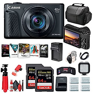 Canon PowerShot SX740 HS Digital Camera (Black) (2955C001), 2 x 64GB Memory Card, 3 x NB13L Battery, Corel Photo Software, Charger, Card Reader, LED Light, Soft Bag + More (Renewed)