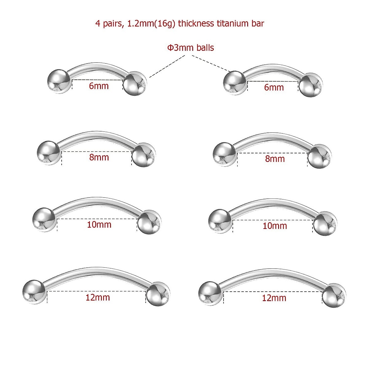 NewkeepsR 4 Pairs-16G(1.2mm) Titanium Bent Curved Barbell Banana Rook Front Helix Eyebrow Rings Piercing Jewellery 6mm/8mm/10mm/12mm