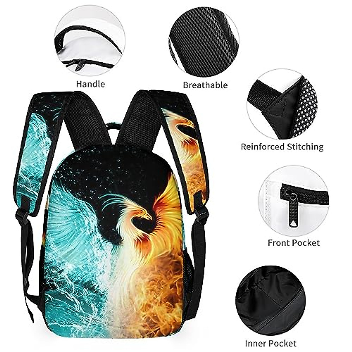 Supdreamc Lightweight Daypack Bookbag for Trekking Business Walking Cycling - Big Capacity Anti-Theft Multipurpose Carry On Bag, Ice Water Fire Flame Phoenix Bird Art Business Computer Bag
