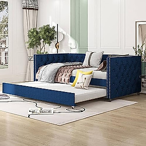 CECER Space Saving Pull Out Sleeper Sofa Bed, Button Tufted Couch Bed with Riveted Design, Daybed with Trundle, Daybed for Apartment Living Room Bedroom Office, Navy Blue
