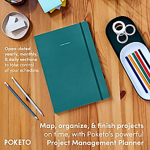 POKETO – Hardcover Project Planner - 11.9" x 8.4" - Undated - Weekly, Monthly & Yearly Notebook - Daily Planner - Note Taking - Eco-Friendly Journal - Home, School & Office Supplies - Teal