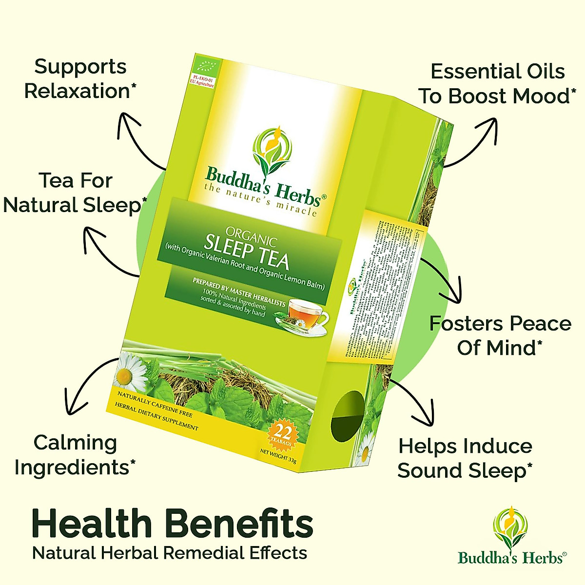 Organic Sleep and Relaxation tea, Infused with Valerian Root, Lemon Balm, and Chamomile, No Caffeine Dietary Supplement, Pack of 2, 44 Tea Bags