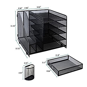 5 Tier Desk Organizer with Vertical File Racks, Paper Letter Tray with Drawer and 2 Pen Holder for Office and School Supplies, File Organizer for Desk, Mesh Desktop Organizer for Office, School, Home