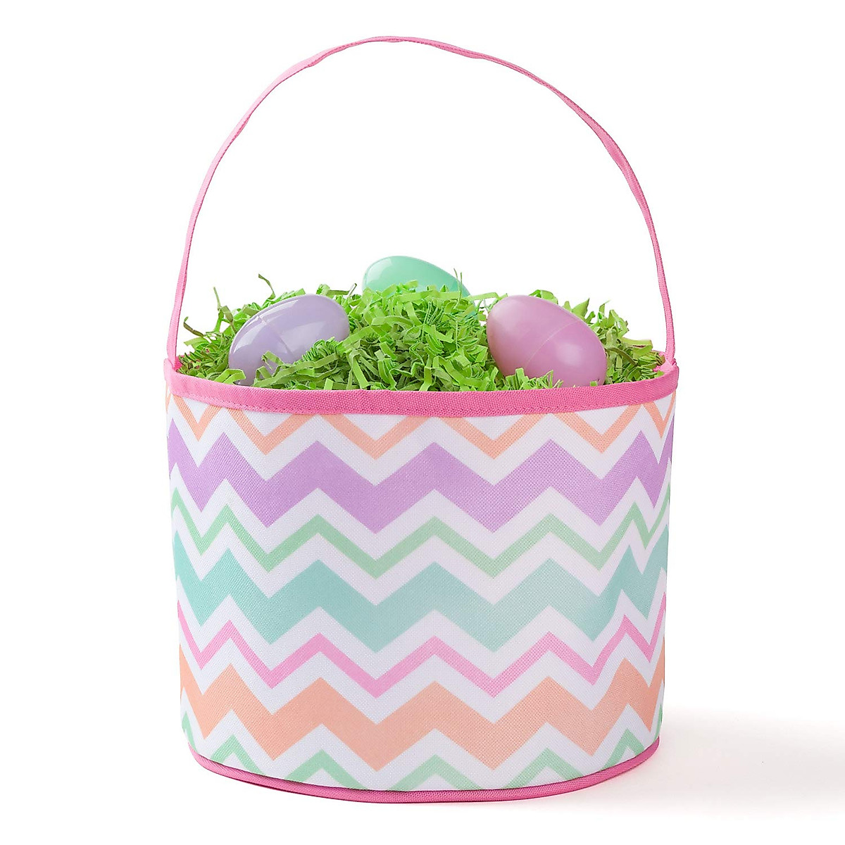 Personalized Chevron Bucket Bag with Custom Name | Orange and Pink Stripped Easter Bag with Handle | Soft Egg Basket for Kids | Customized Easter Basket | Great for Easter Egg Games