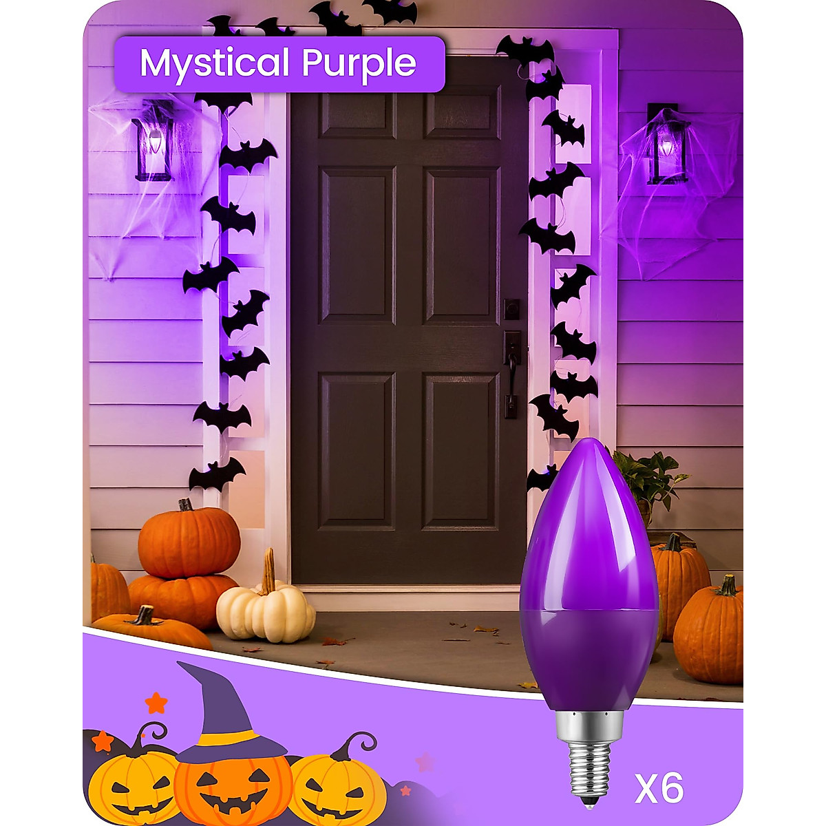 GOEBLESON Purple E12 LED Light Bulbs, C35 Dimmable Candelabra Bulbs, 5W (60W Equivalent) Chandelier Bulb, Candle Light Bulb for Halloween, Christmas, Party Decoration, Holiday, 6 Pack Z1C3P605