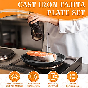 Mimorou 2 Sets Cast Iron Fajita Plate Set 9.45'' Fajita Plate Sizzler Pan with Wooden Tray Anti Scald Protection Handle Cast Iron Skillet Set for Restaurant Home BBQ Party Restaurant