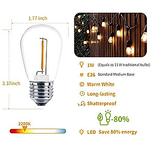 VISTERLITE 24 Pack LED S14 Replacement Light Bulbs, Shatterproof Waterproof 1W Outdoor String Light Bulbs, E26 Medium Base, 2200K Warm White, 11w Equivalent, Non-Dimmable