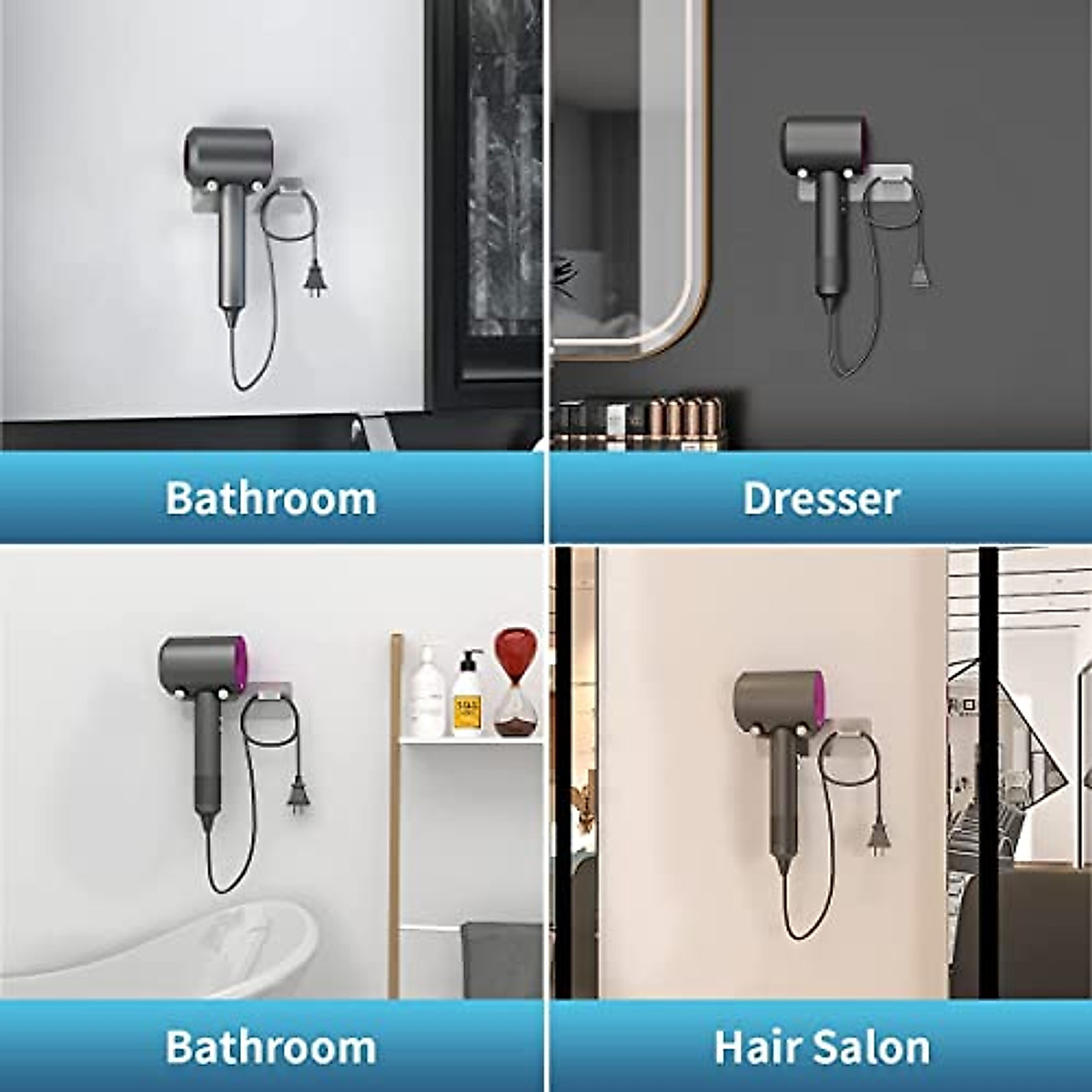 Hair Dryer Holder, SUS304 Adhesive Blow Dryer Holder Wall Mounted Compatible with Dyson Hair Dryer, Hair Dryer Organizer Dyson Hair Dryer Wall Mount