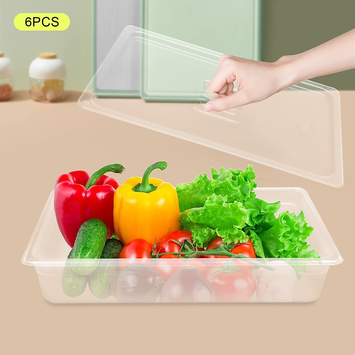 DYNAMI 6 Pack Food Pans with Lids,Full Size 4in Deep Commercial Clear PC Square Food Storage Containers,Heat-Resistant,Freezer-Safe To Store Vegetables,Fruits, Meats, Grains, for Kitchen Restaurant
