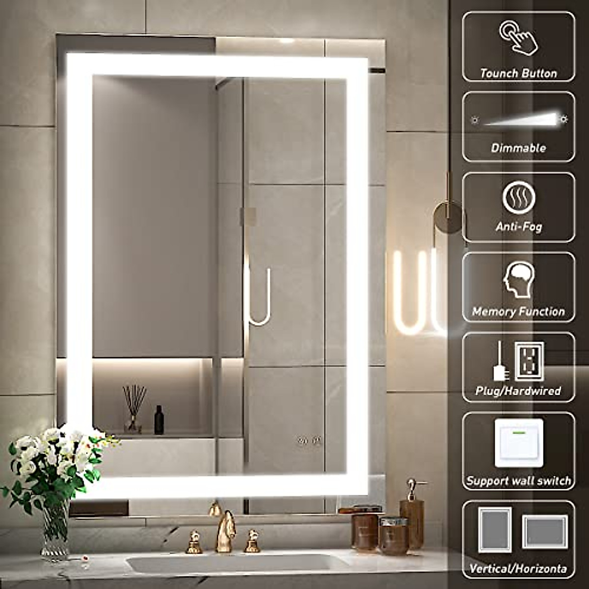 FTOTI 36 x 24 Inch LED Bathroom Mirror for Vanity,Wall Mounted Lighted Mirror, Frameless Bathroom Mirror with Lights Dimmable Anti-Fog Memory Function(Horizontal&Vertical)