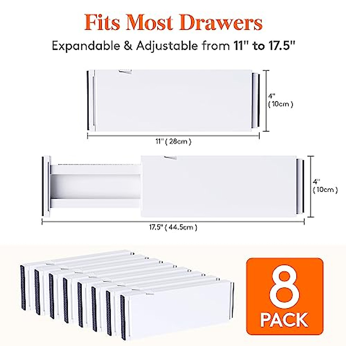 Lifewit 8 Pack Drawer Dividers Plastic 4" High, 11-17" Adjustable Drawer Organizers for Clothes, Expandable Dresser Separators in Bedroom/Bathroom/Kitchen/Fridge/Office Organization and Storage