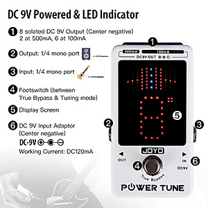 JOYO Power Supply Tuner Pedal with Isolated 8-Channel (2 at 500mA, 6 at 100mA) Low Noise DC 9V Output - True Bypass (Power Tune JF-18R)